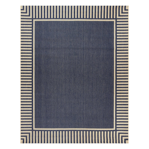 Gertmenian Paseo Kiano Modern Stripe Border Navy Blue Beige Polypropylene Flatweave Indoor ...